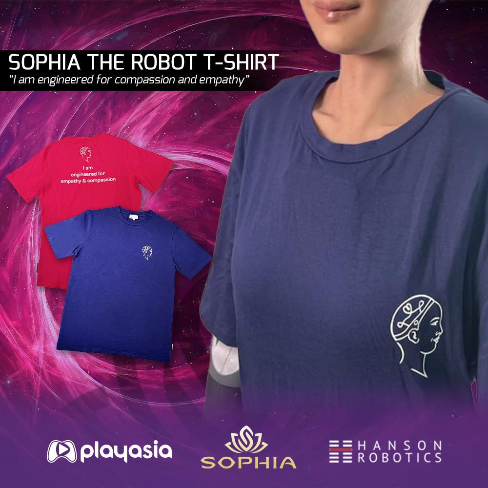 Sophia The Robot T-shirt Women:"I'm Engineered for Empathy & Compassion" (Blue | Size S)