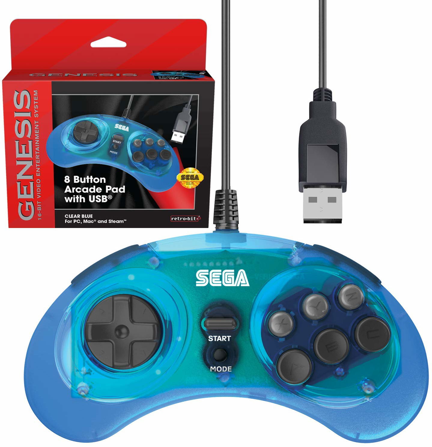 Retro-Bit SEGA Genesis 8-Button Arcade Pad with USB (Clear Blue) para ...